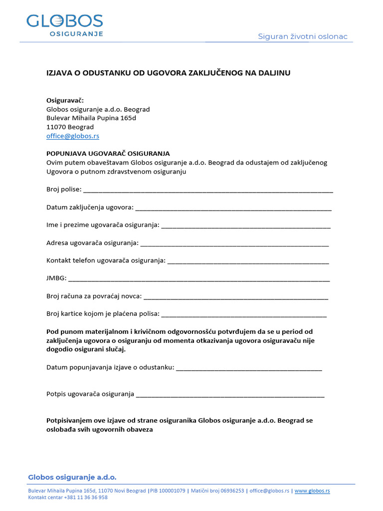 Izjava o Odustanku Od Ugovora o Osiguranju | PDF