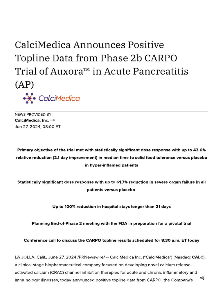 CalciMedica Announces Positive Topline Data From Phase 2b CARPO Trial ...