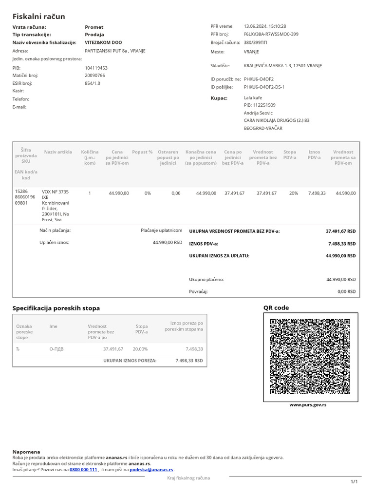 1310 VITEZ&KOMDOO Fiskalni Račun PHXU6-O4OF2-DS-1 SR | PDF