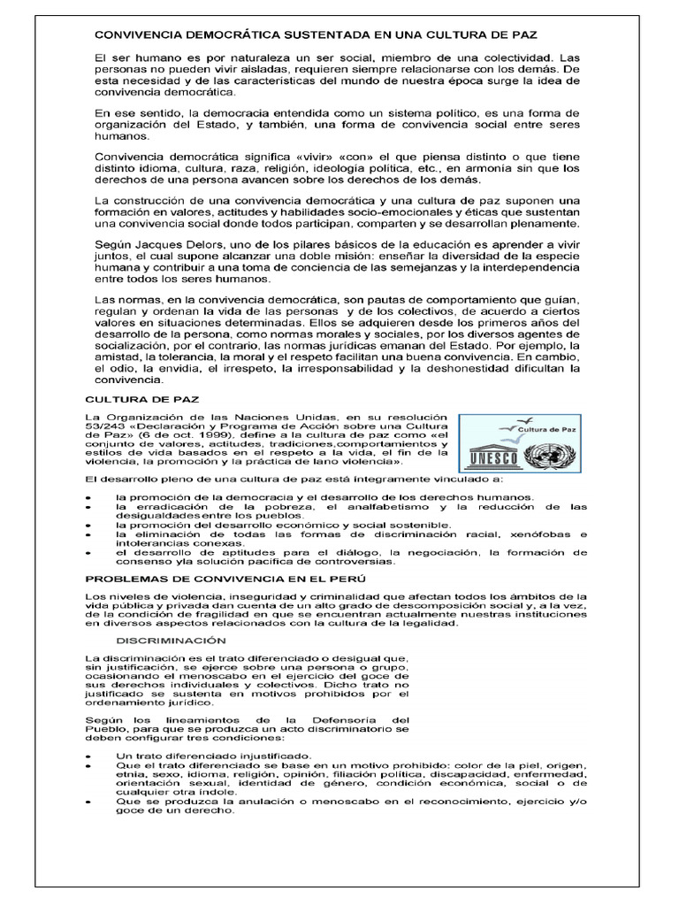 Convivencia Democratica Sustentada en Una Cultura de Paz | PDF