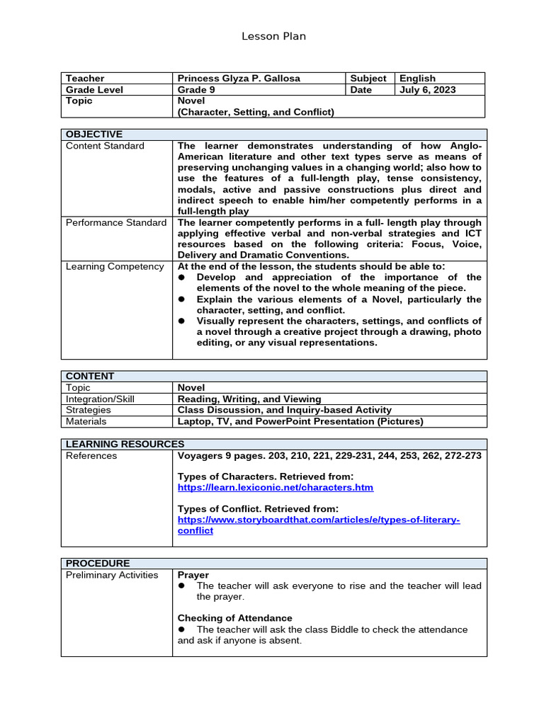 Lesson Plan For English 9 Novel For Demo Teaching | PDF | Learning
