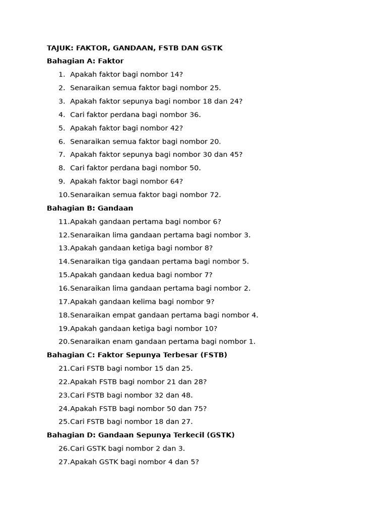 MODUL MATEMATIK TINGKATAN 1 BAB 2 FAKTOR DAN GANDAAN | PDF