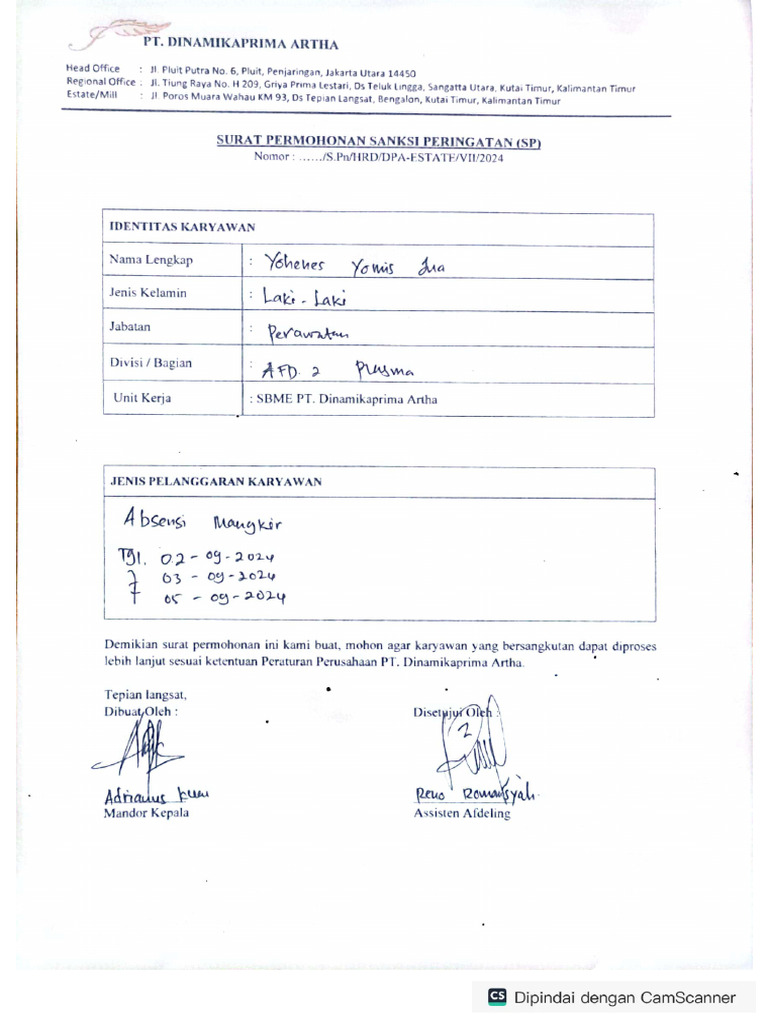 Surat Permohonan Sanksi Yohanis Yomis Jua TGL 06-09-2024 | PDF