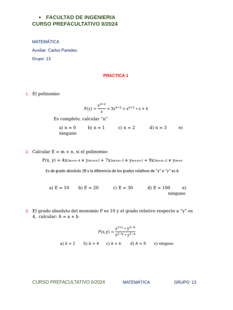 Práctica de Matemáticas: Ejercicios 2024 | PDF | Ciencia computacional ...