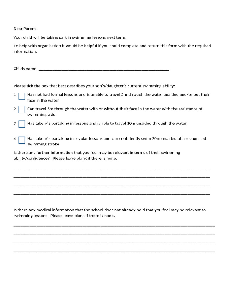 Swimming Info Letter For Parent | PDF