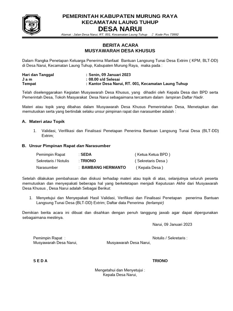 Berita Acara Penetapan Khusus (Musdesus) Penerima BLT DD Desa Narui Tahun 2023 | PDF