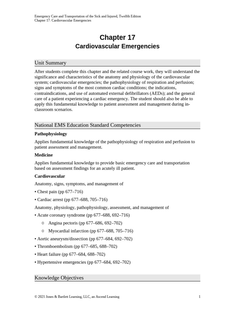 Cardiovascular Emergencies: Unit Summary | PDF