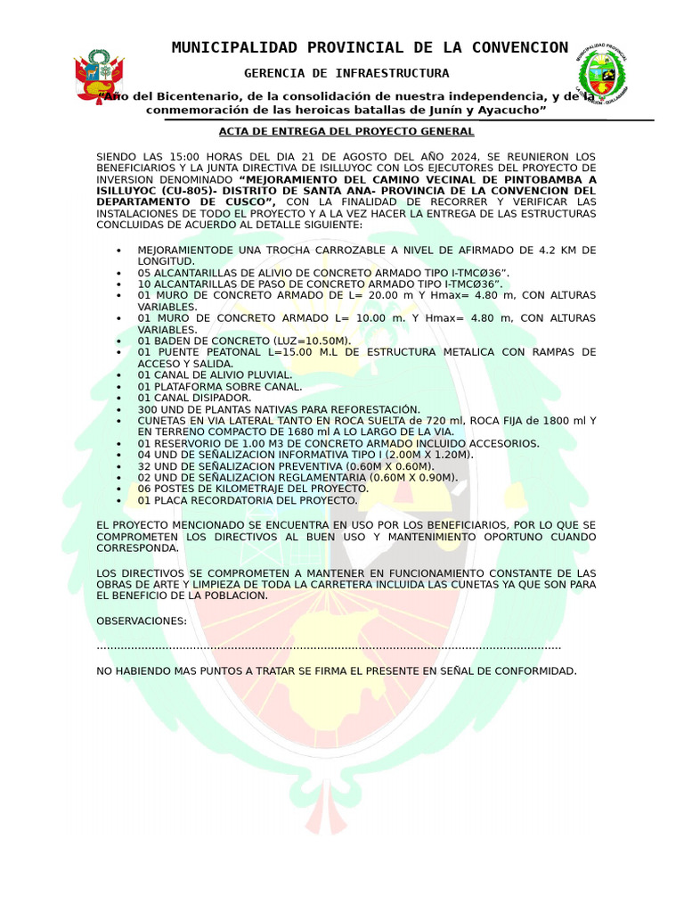 ACTA DE ENTREGA DEL PROYECTO GENERAL 1 | PDF