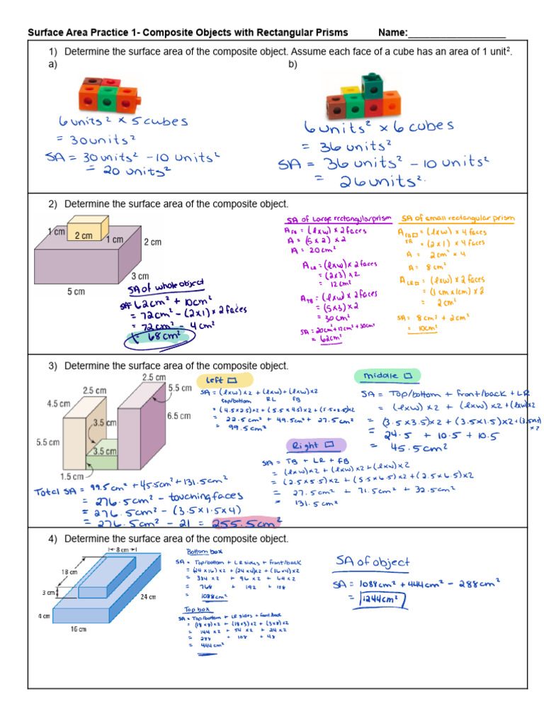 Surface Area Practice 1- Rectangular Prisms Answers | PDF