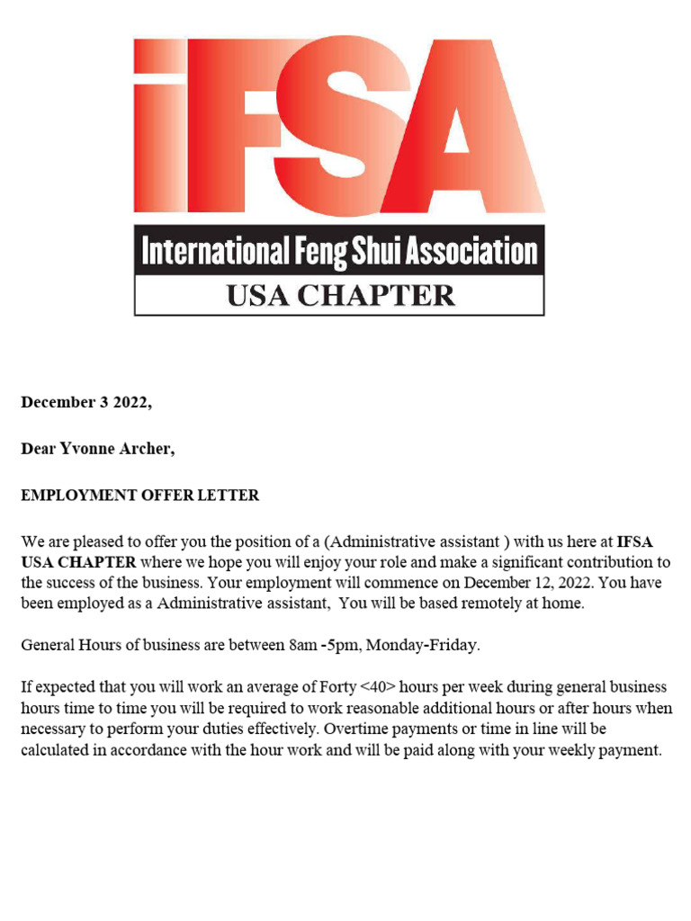 Yvonne Archer Employment Offer Letter | PDF