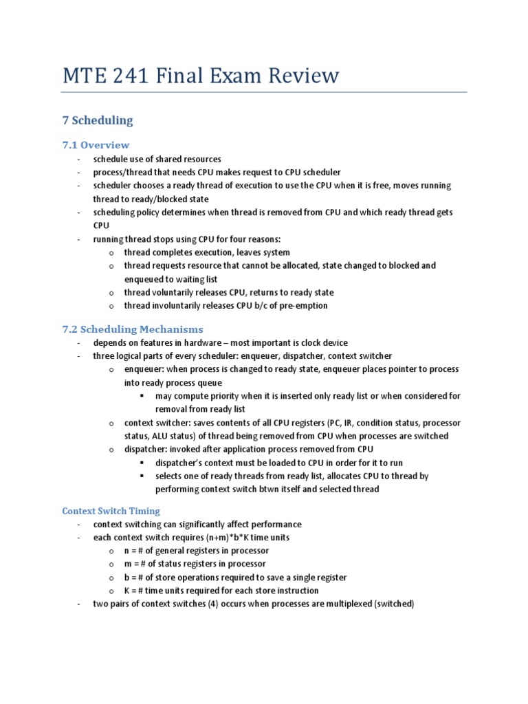 MTE 241 Final Review | PDF | Scheduling (Computing) | Thread (Computing)