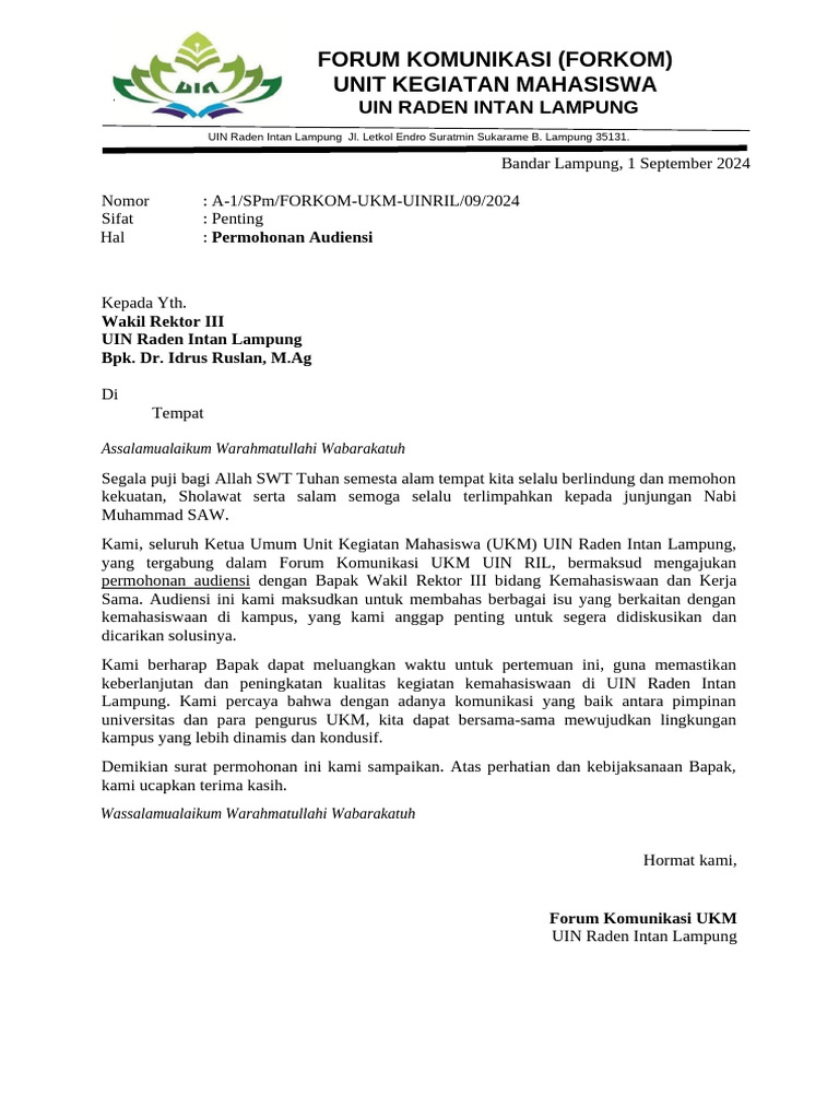 Permohonan Audiensi UKM UIN RIL | PDF