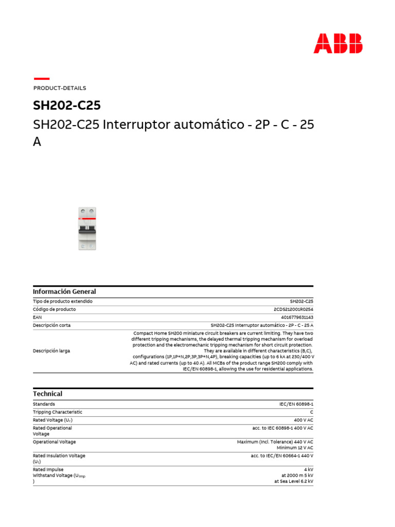 Interruptor Riel 2P, 25a, 10ka230vac | PDF
