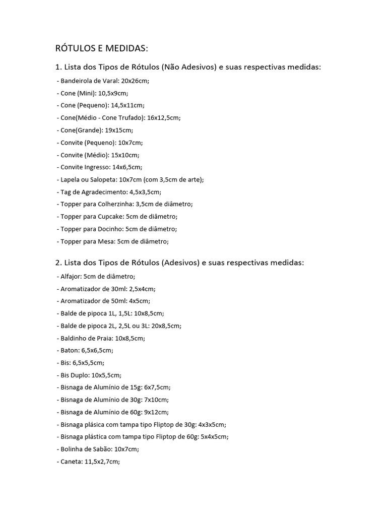 Rótulos e Medidas | PDF