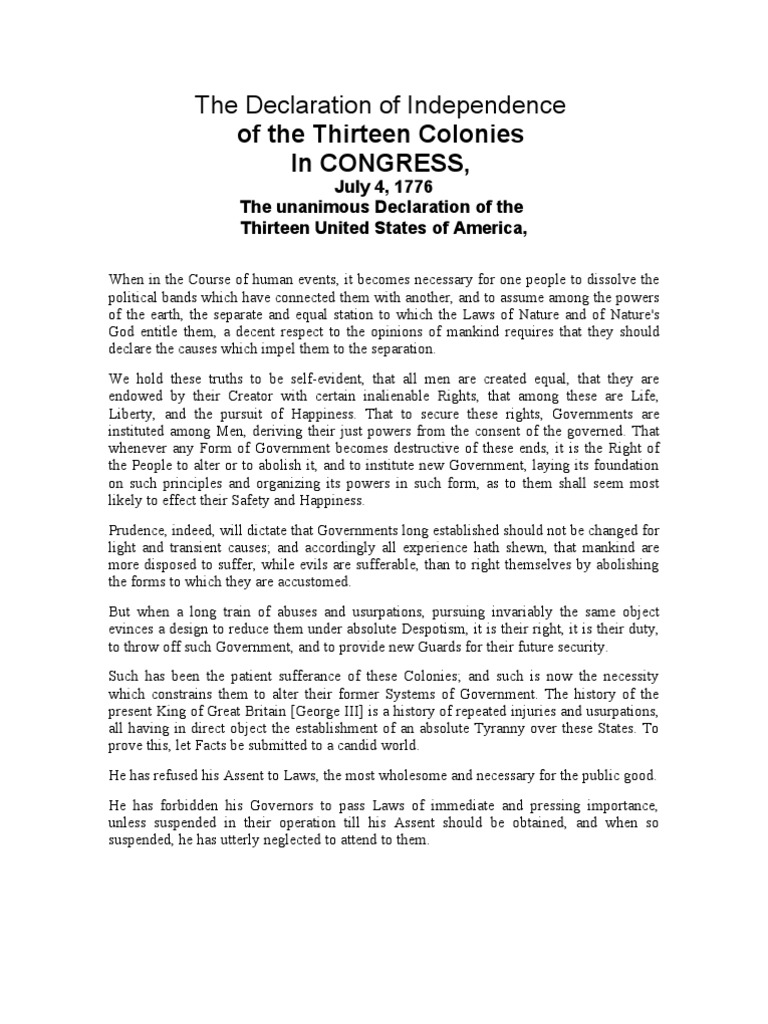 The Declaration of Independence of The Thirteen Colonies in | PDF ...