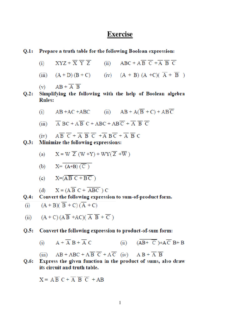Sheet for Boolean Algebra and Logic Simplification | PDF