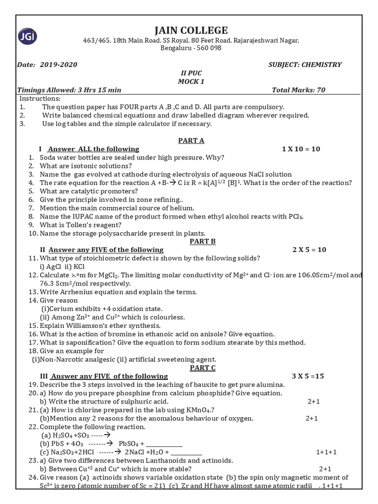 Karnataka II PUC CHEMISTRY Model Question Paper (5) 2020 | PDF
