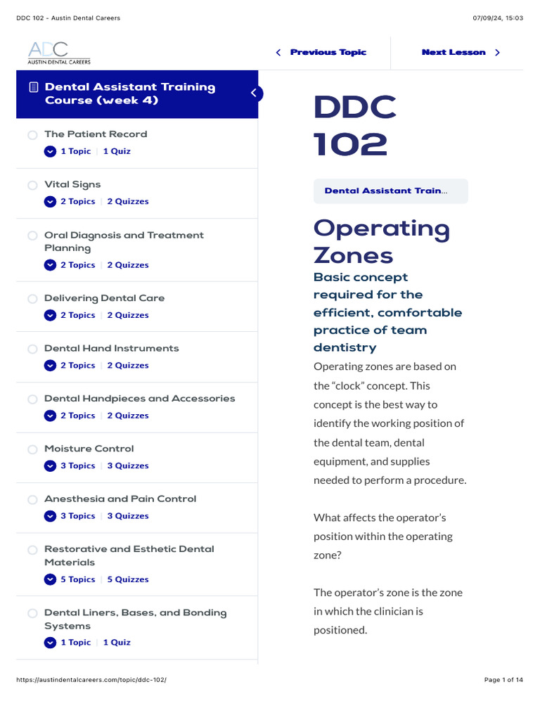 Dental Assistant Training: Operating Zones | PDF | Hand | Dentistry