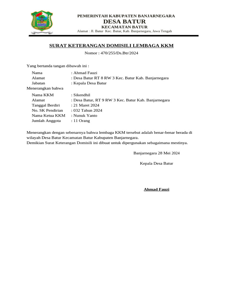 Surat Keterangan Domisili KKM Semua Desa Baturr | PDF