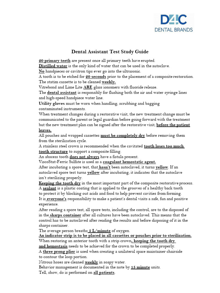 Dental Assistant Test Study Guide | PDF