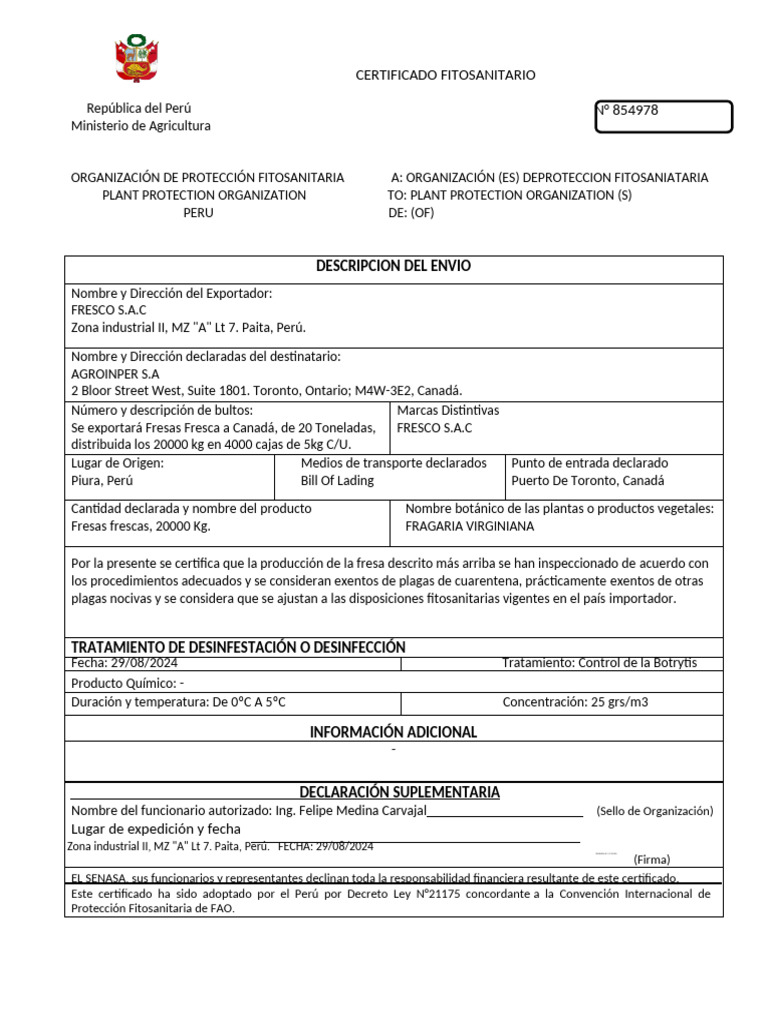 CERTIFICADO SANITARIO FRESAS | PDF