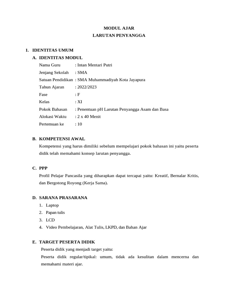 MODUL AJAR 10 - PH LARUTAN PENYANGGA | PDF