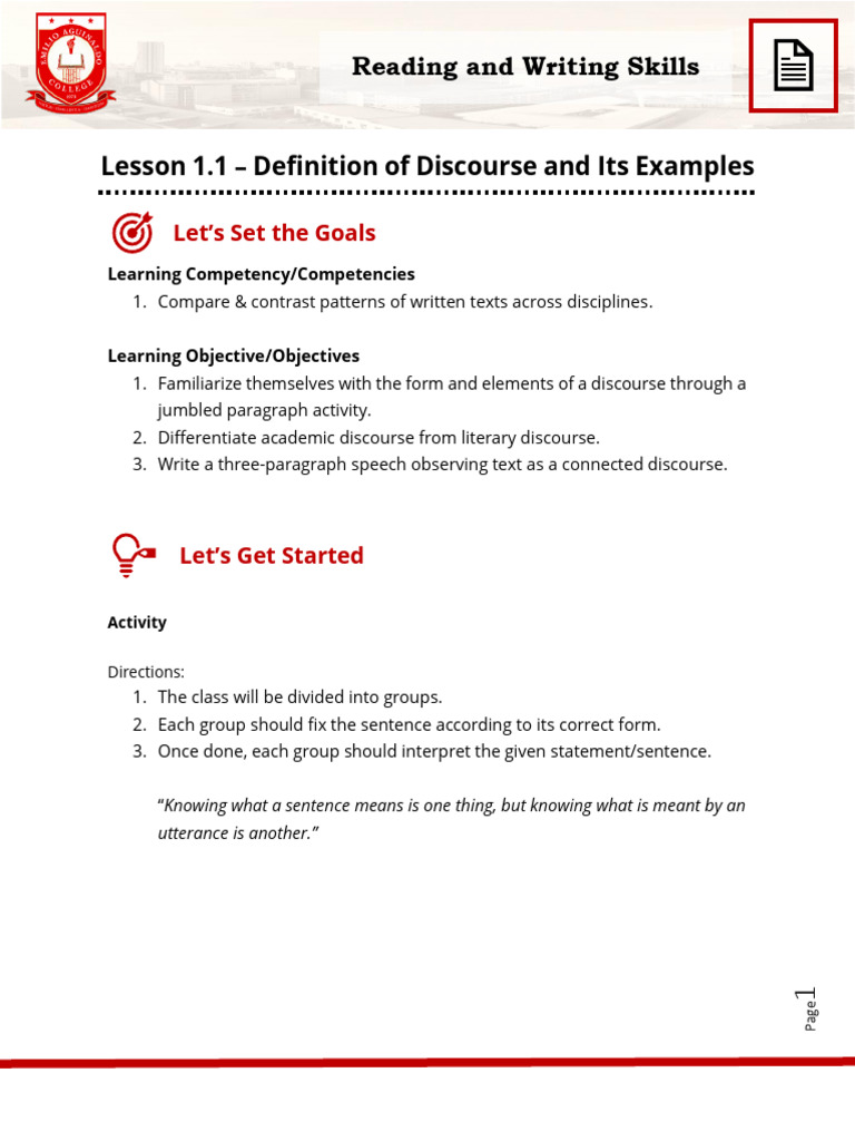 LESSON 1.1 - Definition of Discourse & Its Examples | PDF