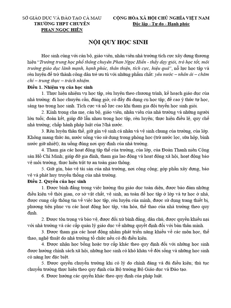 Noi Quy Hoc Sinh Chuyen Phan Ngoc Hien | PDF