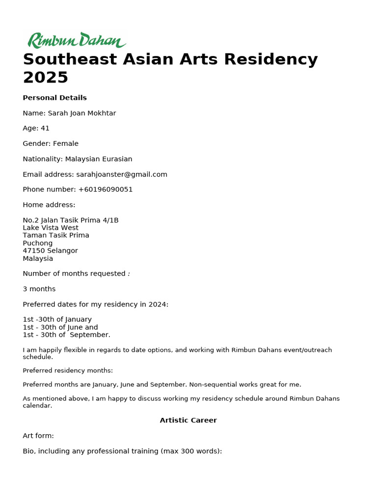 Southeast Asian Arts Residency 2025 Application Form | PDF