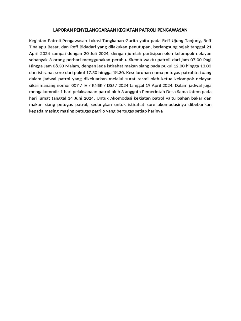 Laporan Penyelanggaraan Kegiatan Patroli Pengawasan | PDF