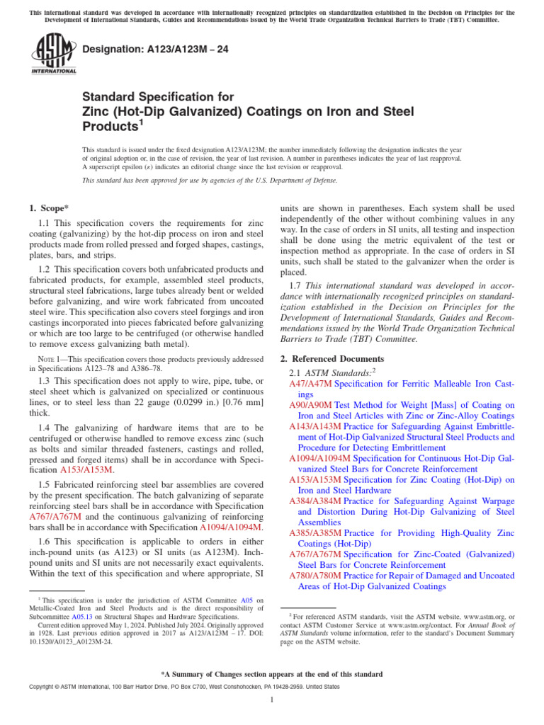 Astm A123 - A123m-24 | PDF | Galvanization | Technology & Engineering