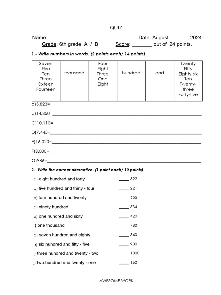 6th Grade Numbers in Words Quiz | PDF