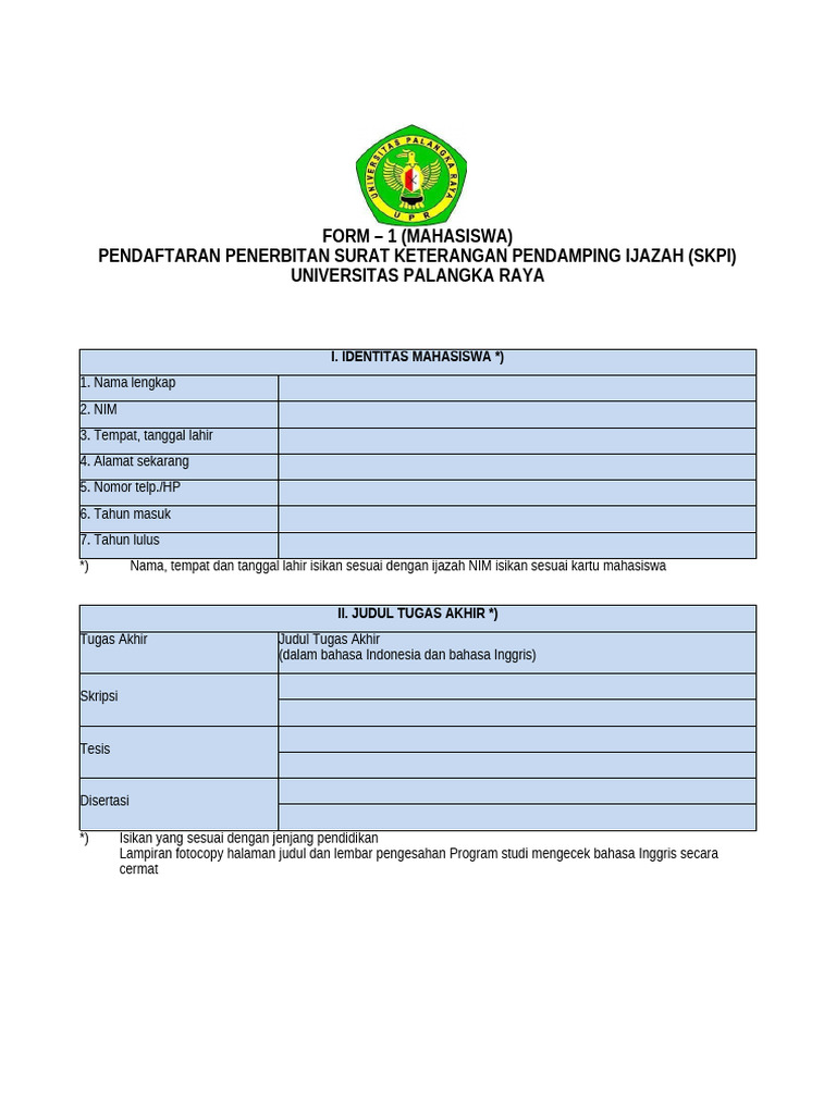 Formulir Skpi Untuk Di Isi Oleh Mahasiswa | PDF