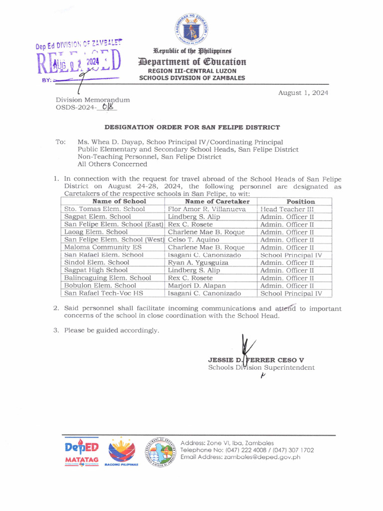 DM - OSDS-2024-018 - Designation Order For San Felipe District | PDF