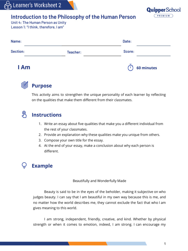 IPHP 11 12 Q1 0401 I Think Therefore I Am SW2 | PDF | Beauty | Essays