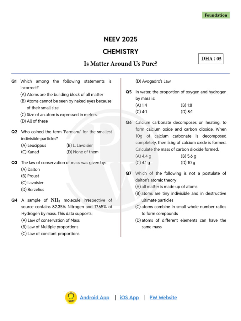 Is Matter Around Us Pure - DHA 05 (Of Lecture 06) - Neev 2025 | PDF