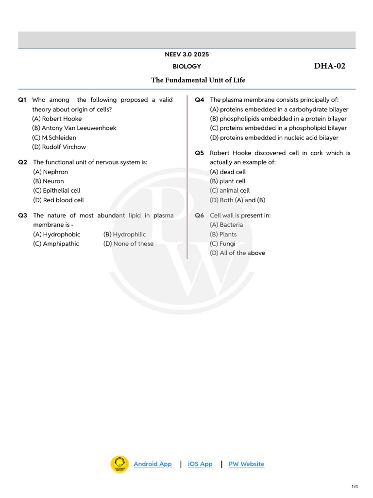 The Fundamental Unit of Life - DHA 02 - Neev 3.0 2025 | PDF