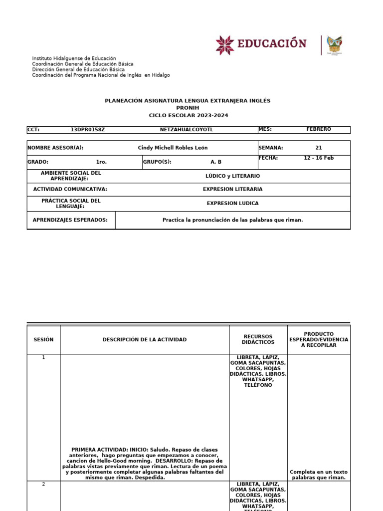 Planeación - Cindy Robles - Sem21 | PDF | Educación primaria | Escuelas