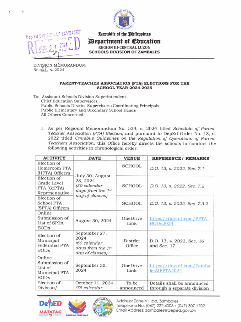 DM No. 315, S. 2024 - Parent-Teacher Association (PTA) Elections For The School Year 2024-2025 | PDF