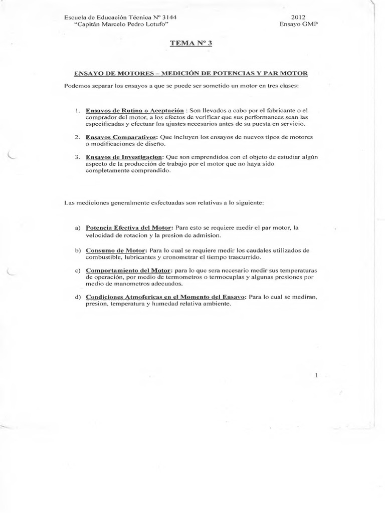 Ensayo de Motores Medicon Potencia Consumo Aire y Combustible | PDF