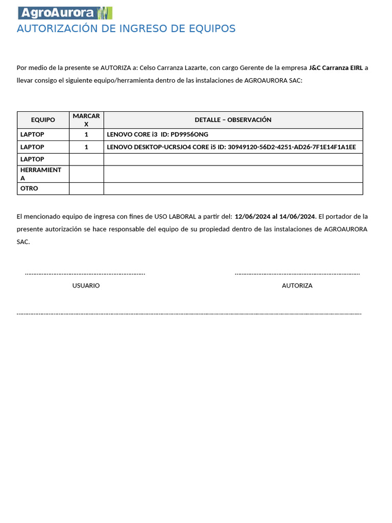 Autorización de Ingreso de Equipos | PDF