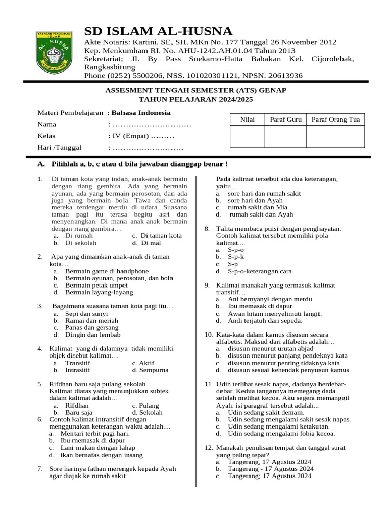 Soal Bahasa Indonesia Kelas 4 Ats 2024 | PDF