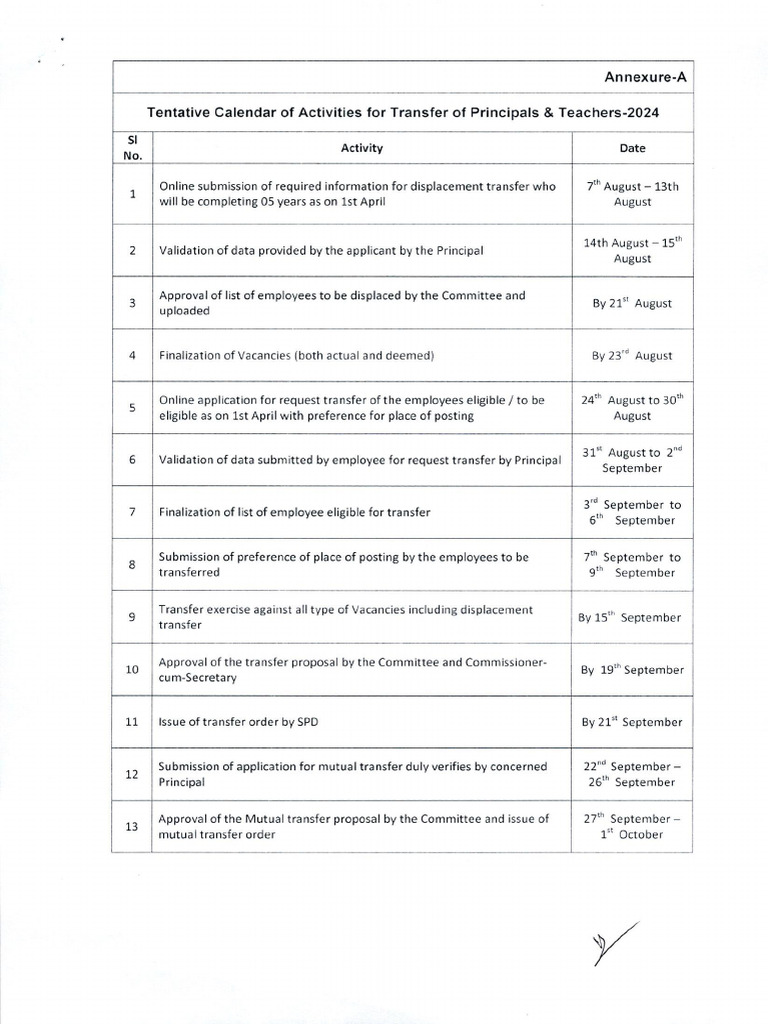 4193 Calendar of Activities For Transfer of Principals and Teachers For ...