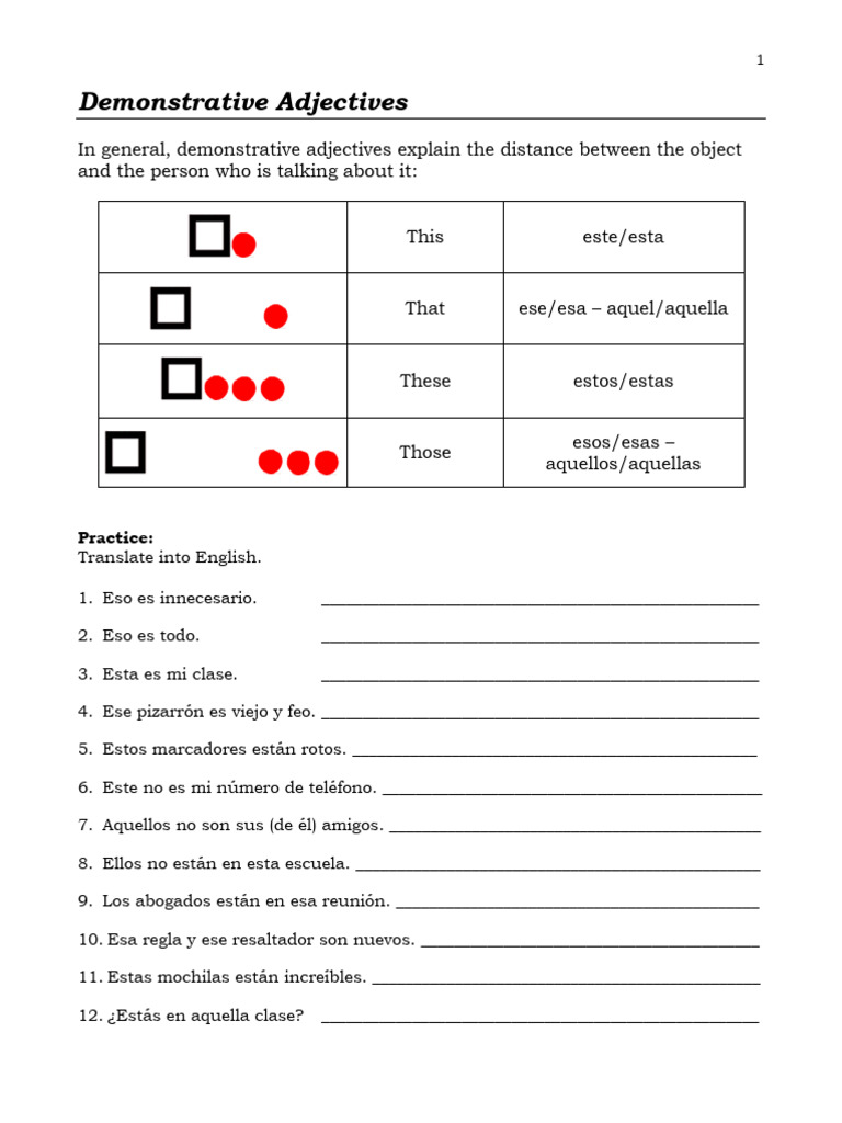 Demonstrative Adjectives in Spanish | PDF