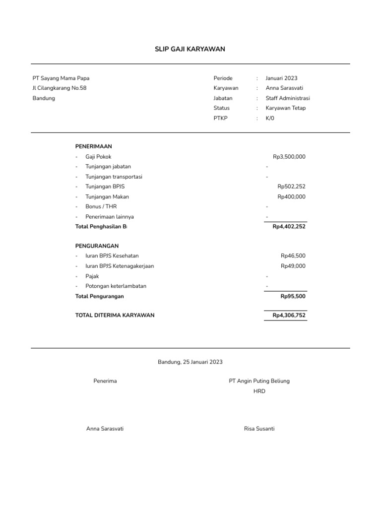 Contoh Slip Gaji Karyawan Sederhana | PDF
