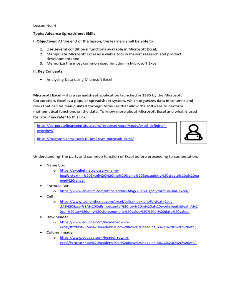 Lesson No. 4 Advance Spreadsheet Skill 2 | PDF