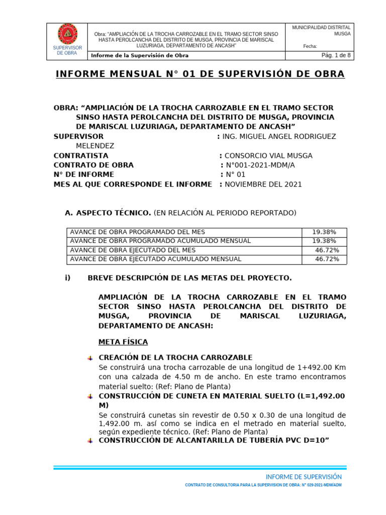 Informe Mensual de Supervisión de Obra | PDF | Liquidación
