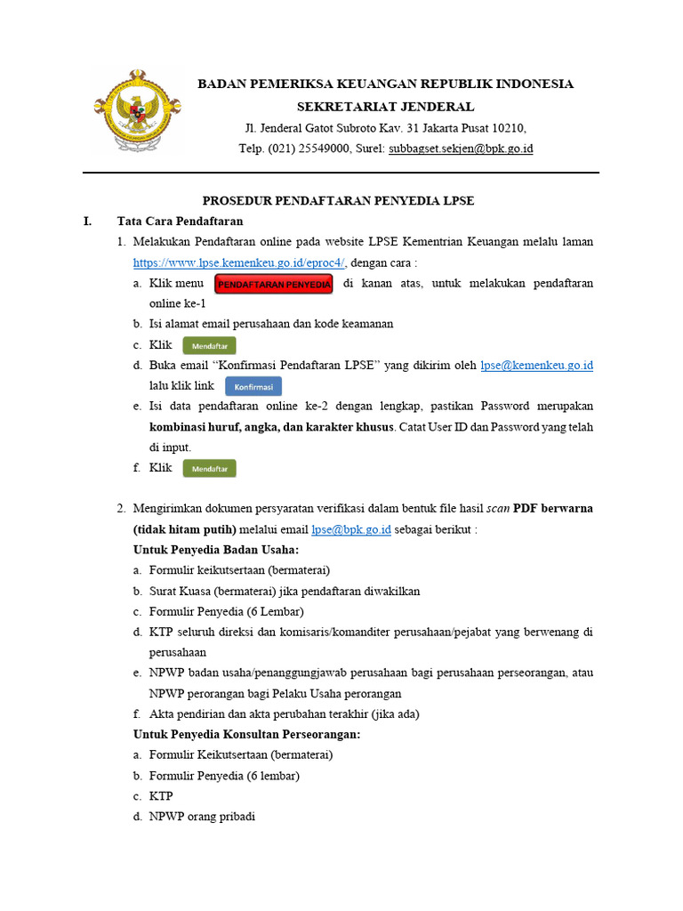 Prosedur Pendaftaran Penyedia LPSE | PDF