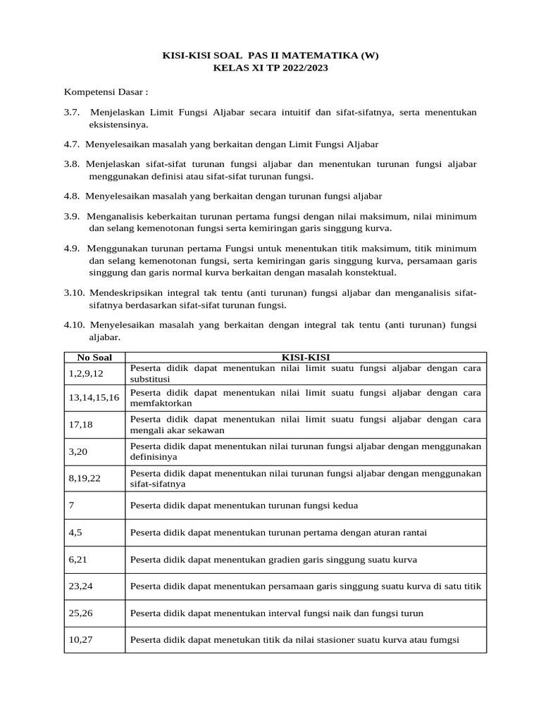 Kisi - Kisi Soal Pas Ii MTK W Xi 2023 | PDF
