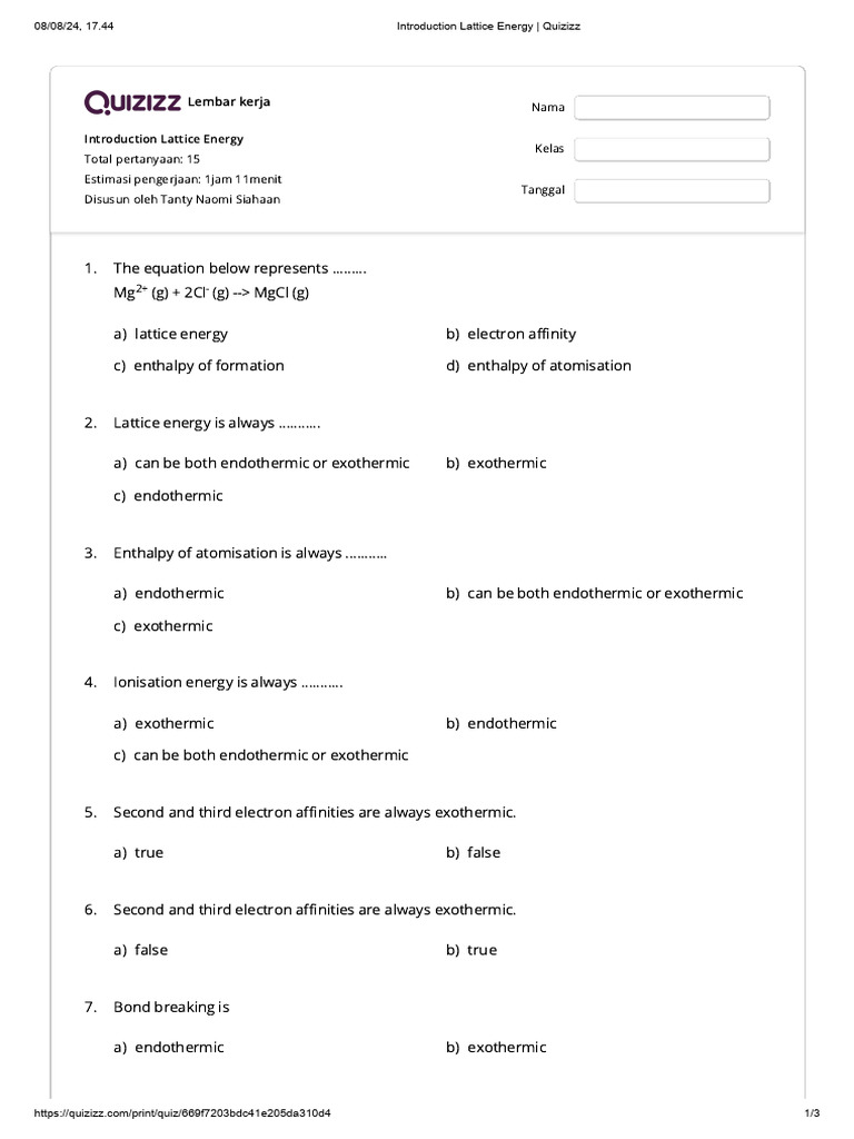 Introduction Lattice Energy _ Quizizz | PDF Introduction Lattice Energy _ Quizizz | PDF